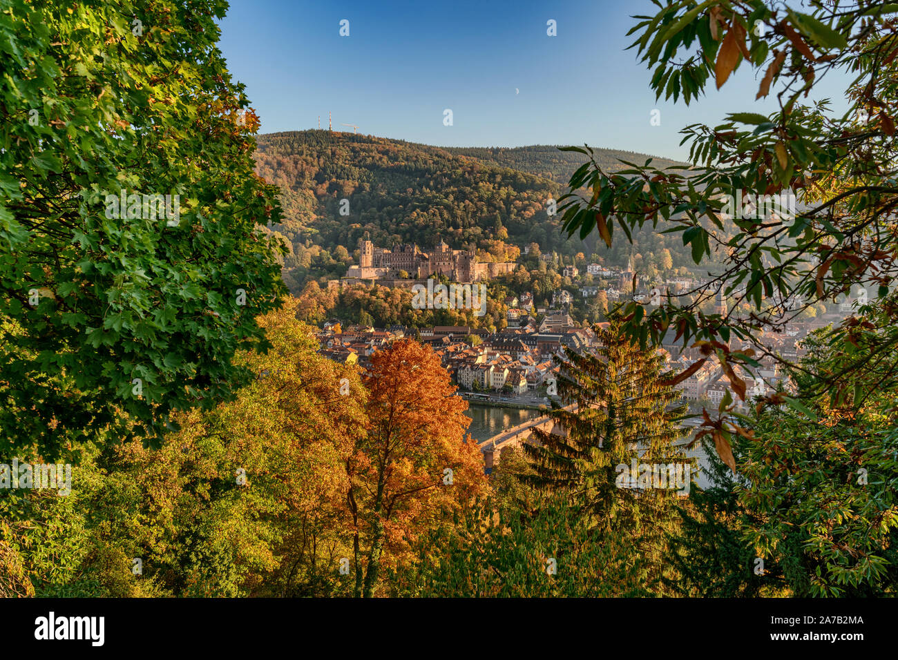 Romantic view of Heidelberg in late summer with the castle and the old ...