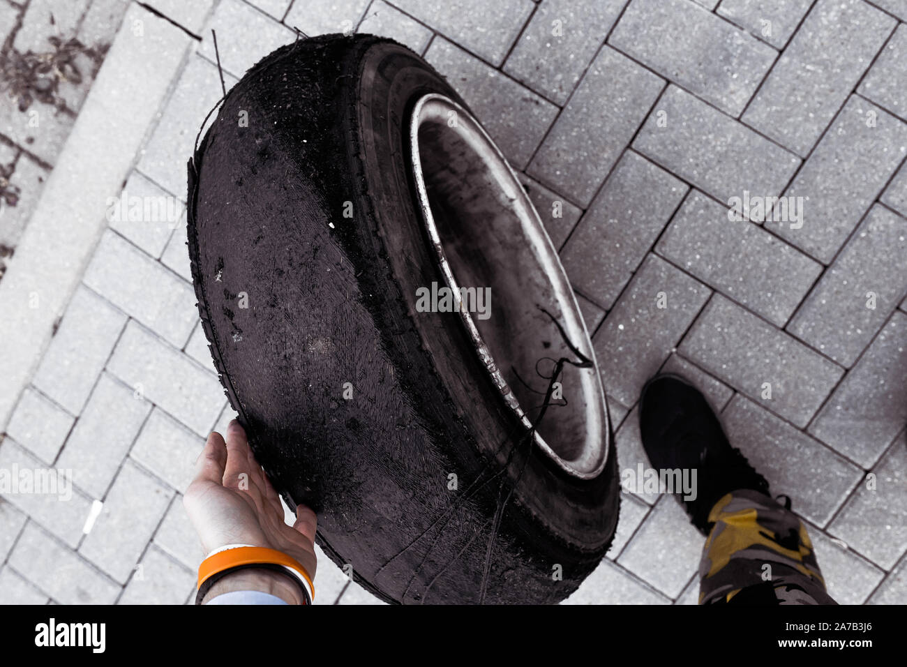 Male Holding Wheels And Burning Tires Sport Modern Stance Car Racing ...