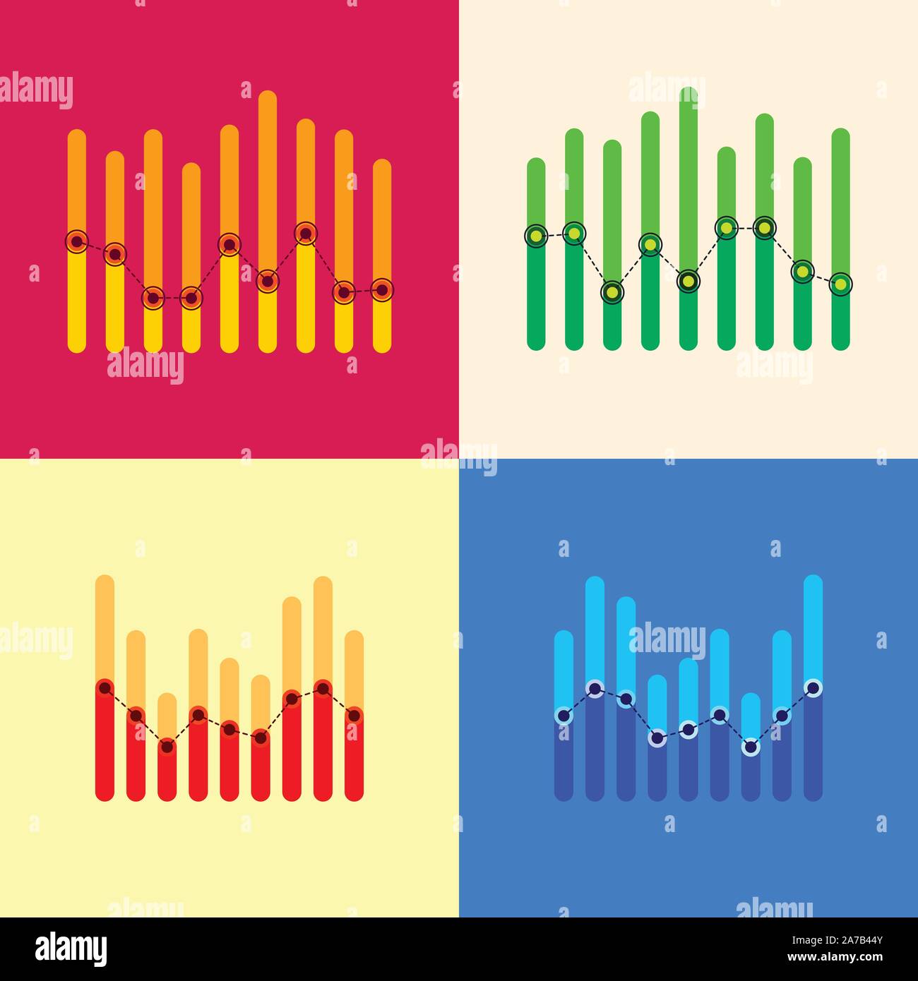 Infographics set with overlapping bars and dotted center line graph ...