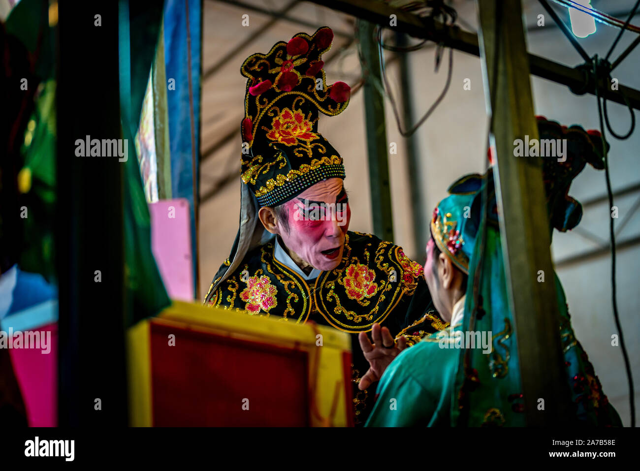 Chinese Teochew Opera. Performers at backstage getting ready to perform ...
