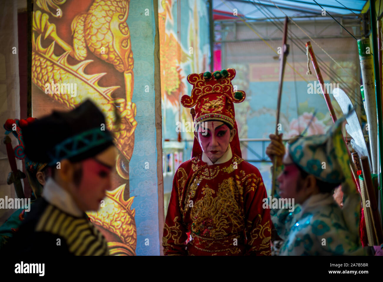 Chinese Teochew Opera. Performers at backstage getting ready to perform ...