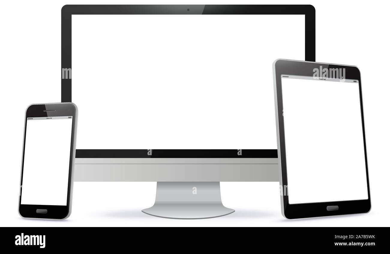 Computer Screen, Tablet PC and Mobile Phone Vector Illustration Stock ...