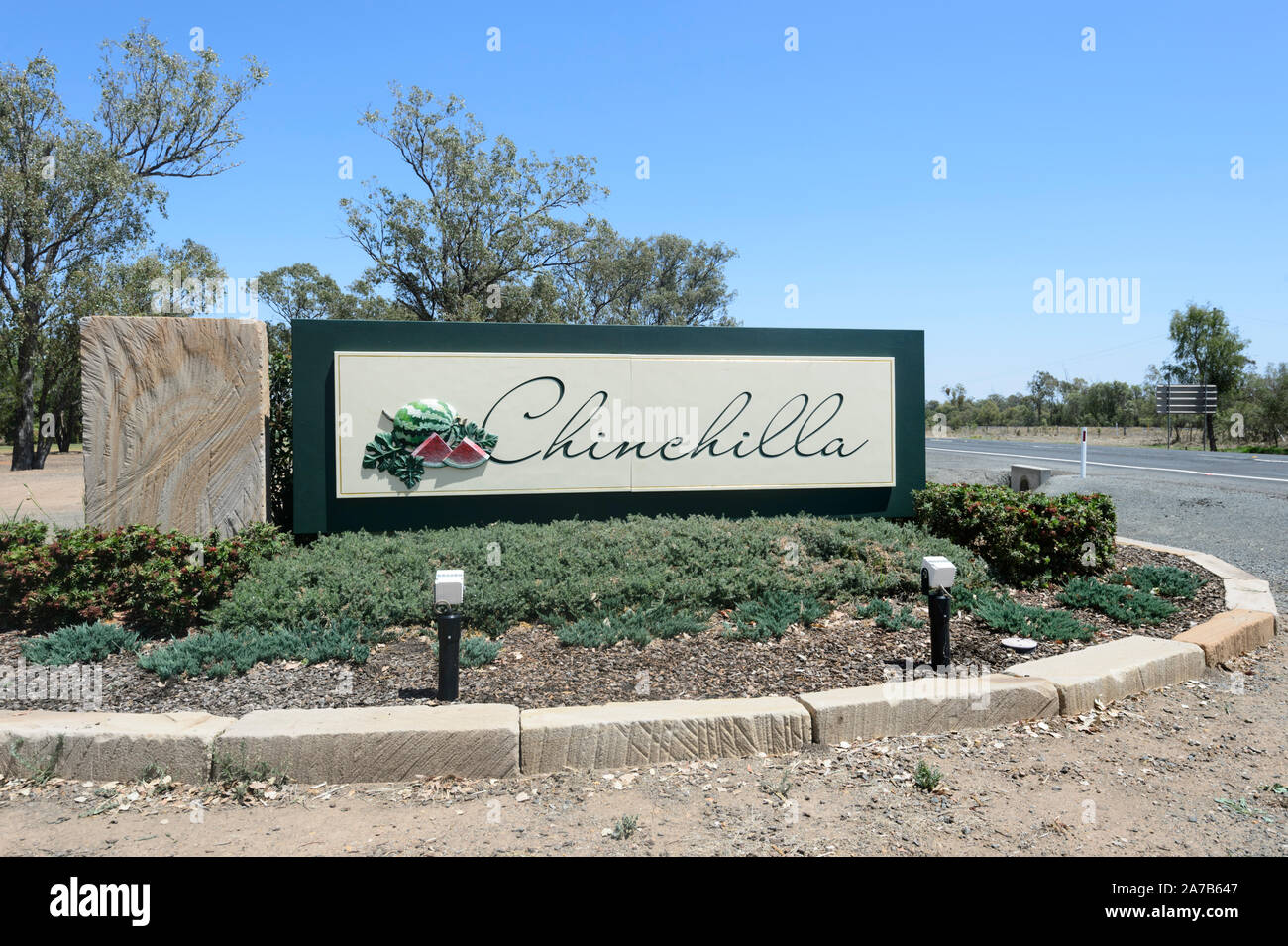Name sign at the entrance of the small rural town of Chinchilla ...