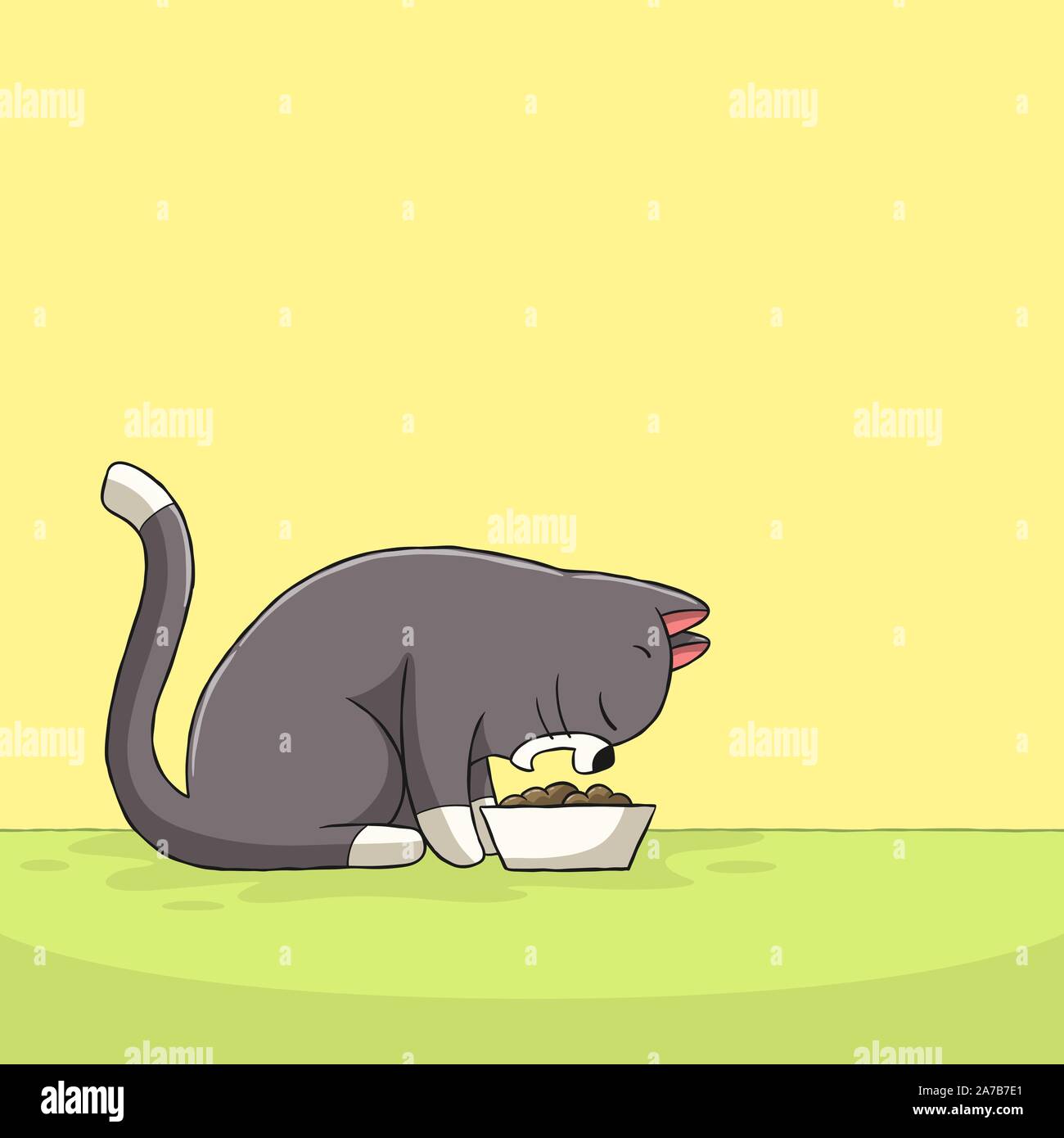 Cat eats her food. Hand drawn vector illustration with separate layers ...
