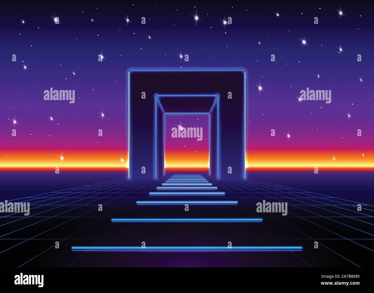 Neon 80s styled massive gate in retro game landscape with shiny road to ...