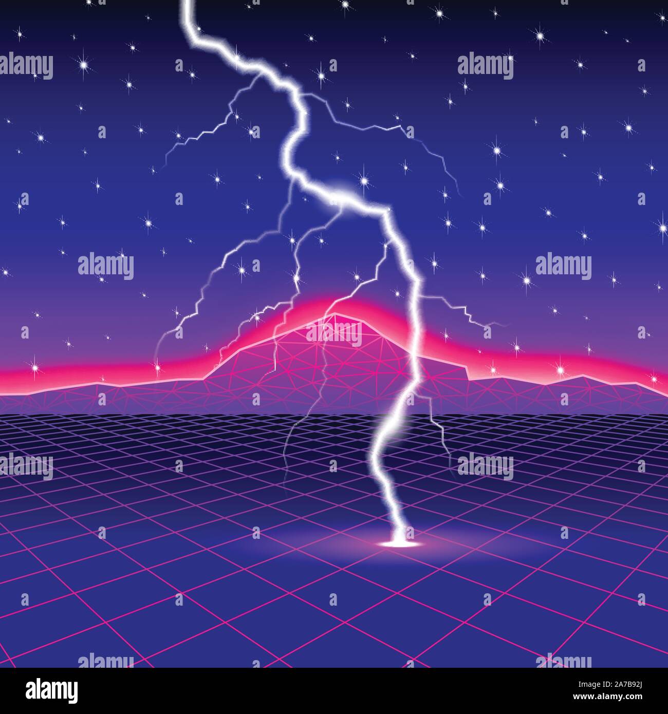 Neon new retro wave computer landscape with lightning Stock Vector ...