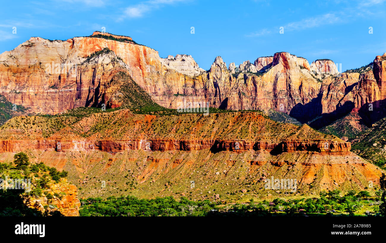 Sunrise over Mt. Kinesava and The West Temple in Zion National Park in ...