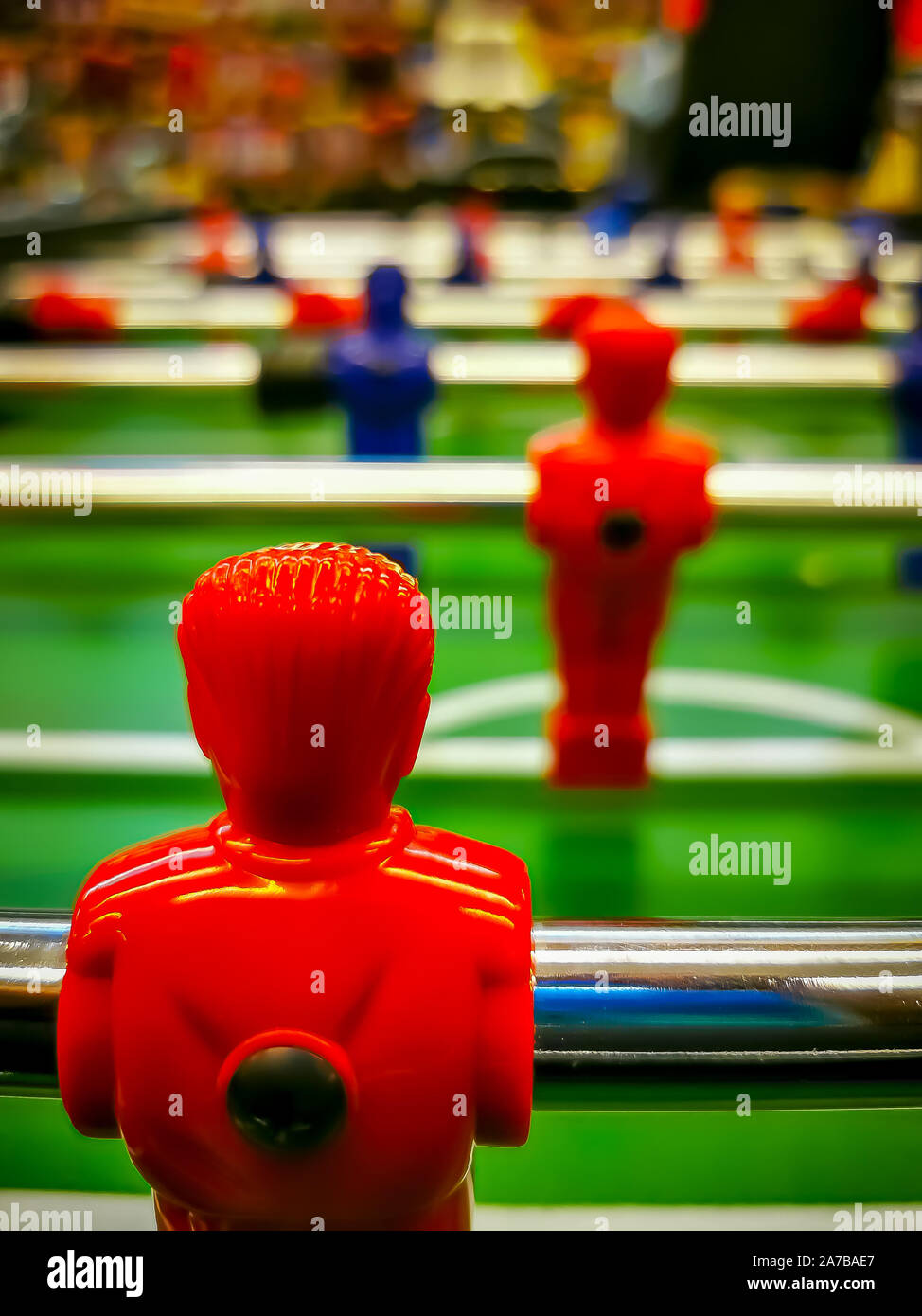Foosball. Table with red and blue players detail perspective Stock ...
