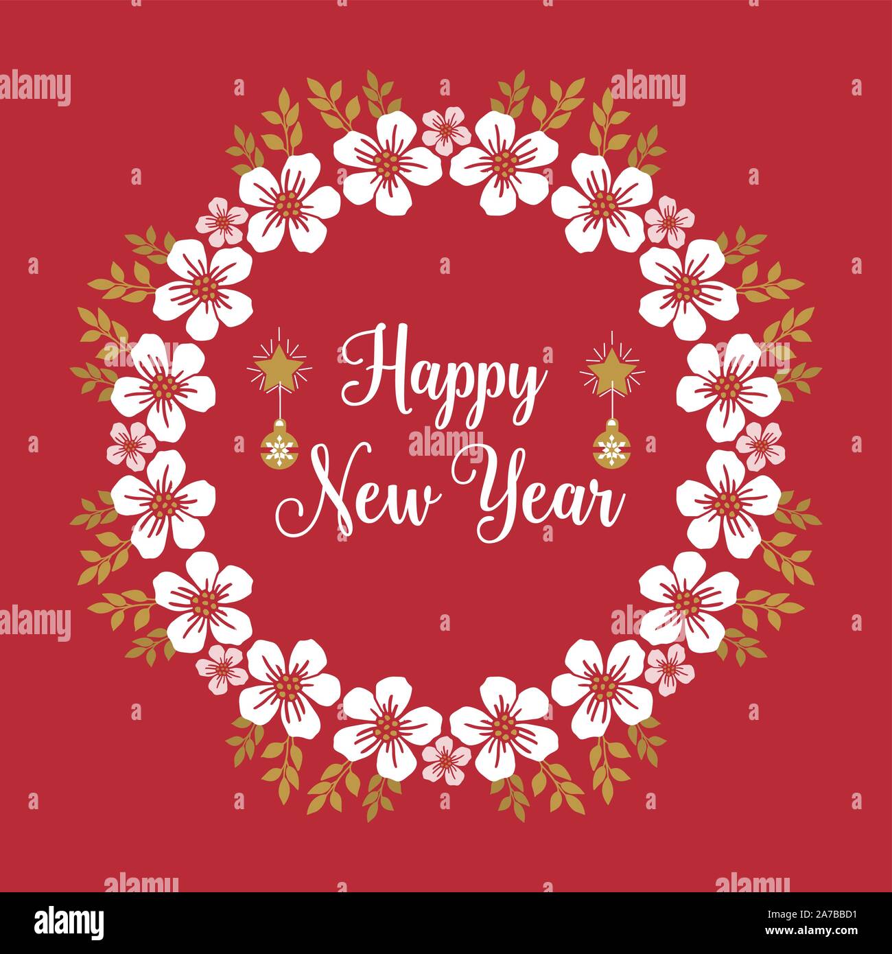 Card happy new year, with leaf floral frame, isolated on red background ...
