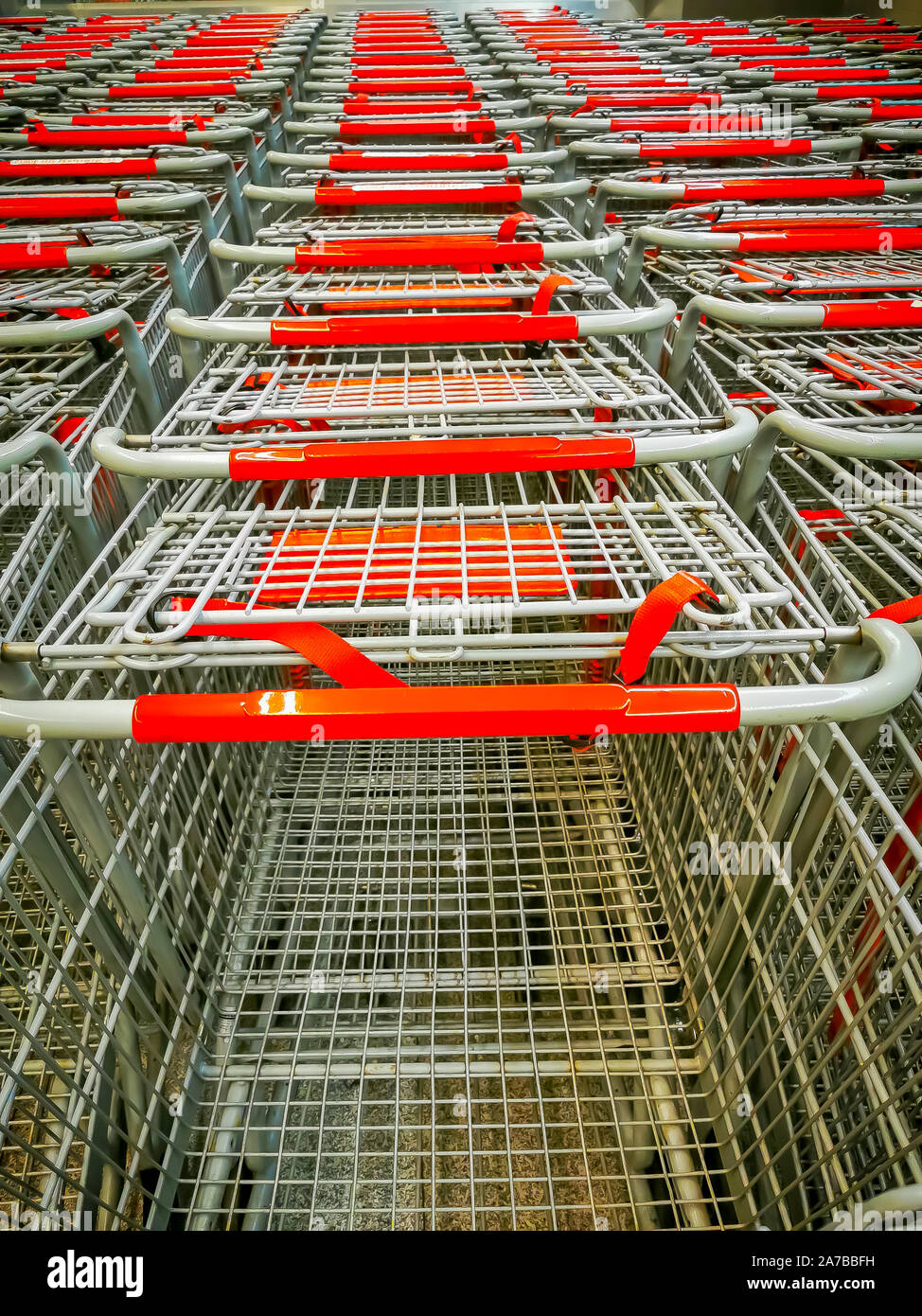 Supermarket Carts. Several rows of supermarket carts. high angle Stock ...