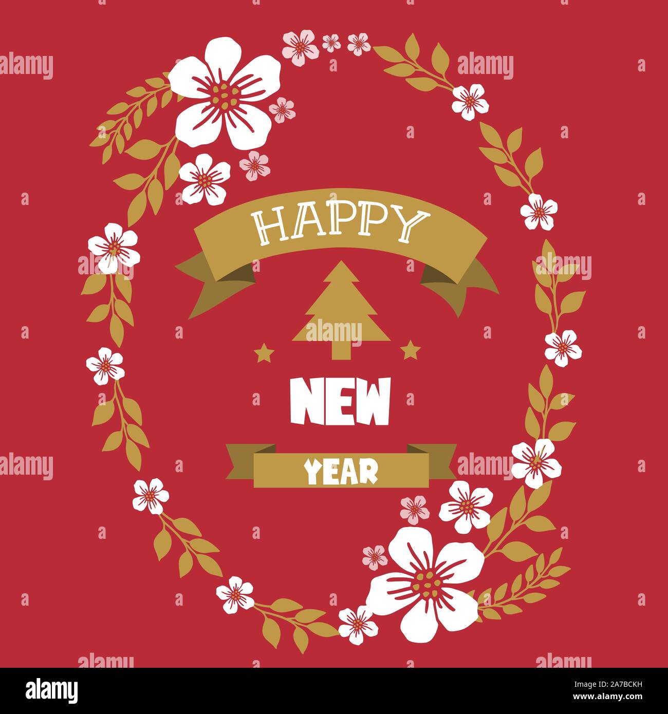 Banner text happy new year with graphic white flower frame ornate ...