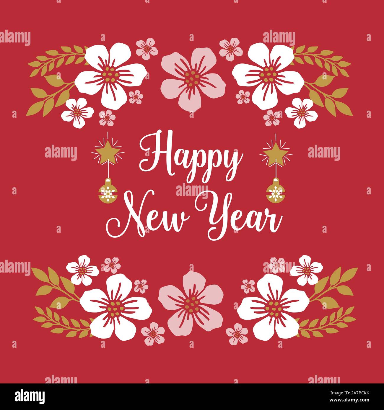 Banner text happy new year with graphic white flower frame ornate ...