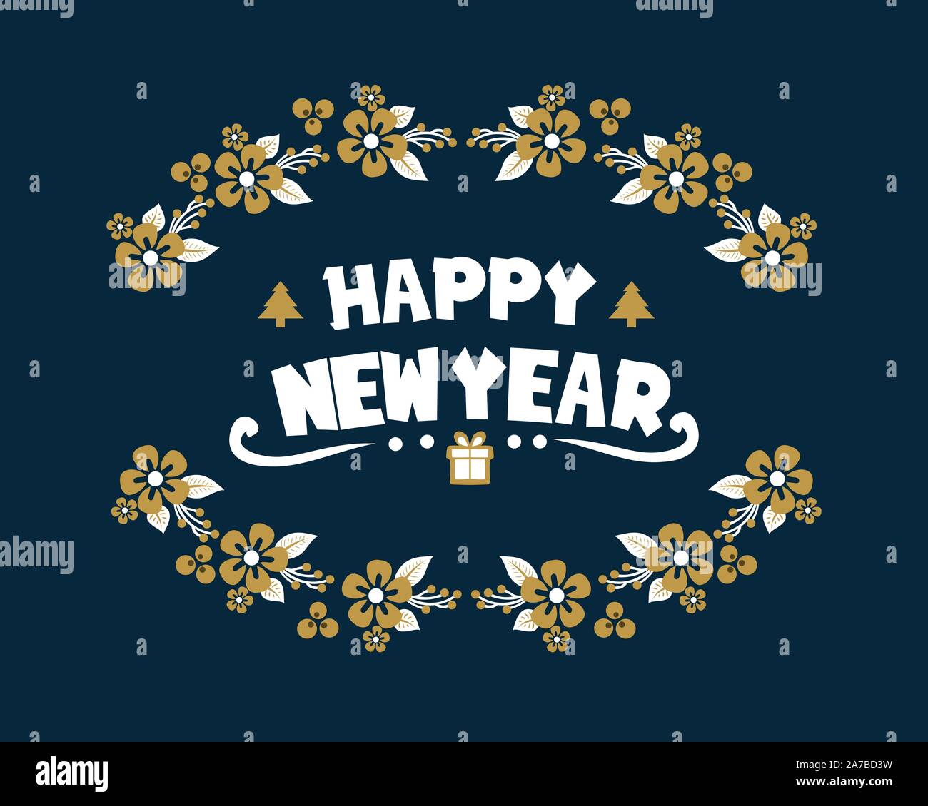 Beautiful greeting card happy new year, with elegant leaf wreath frame ...