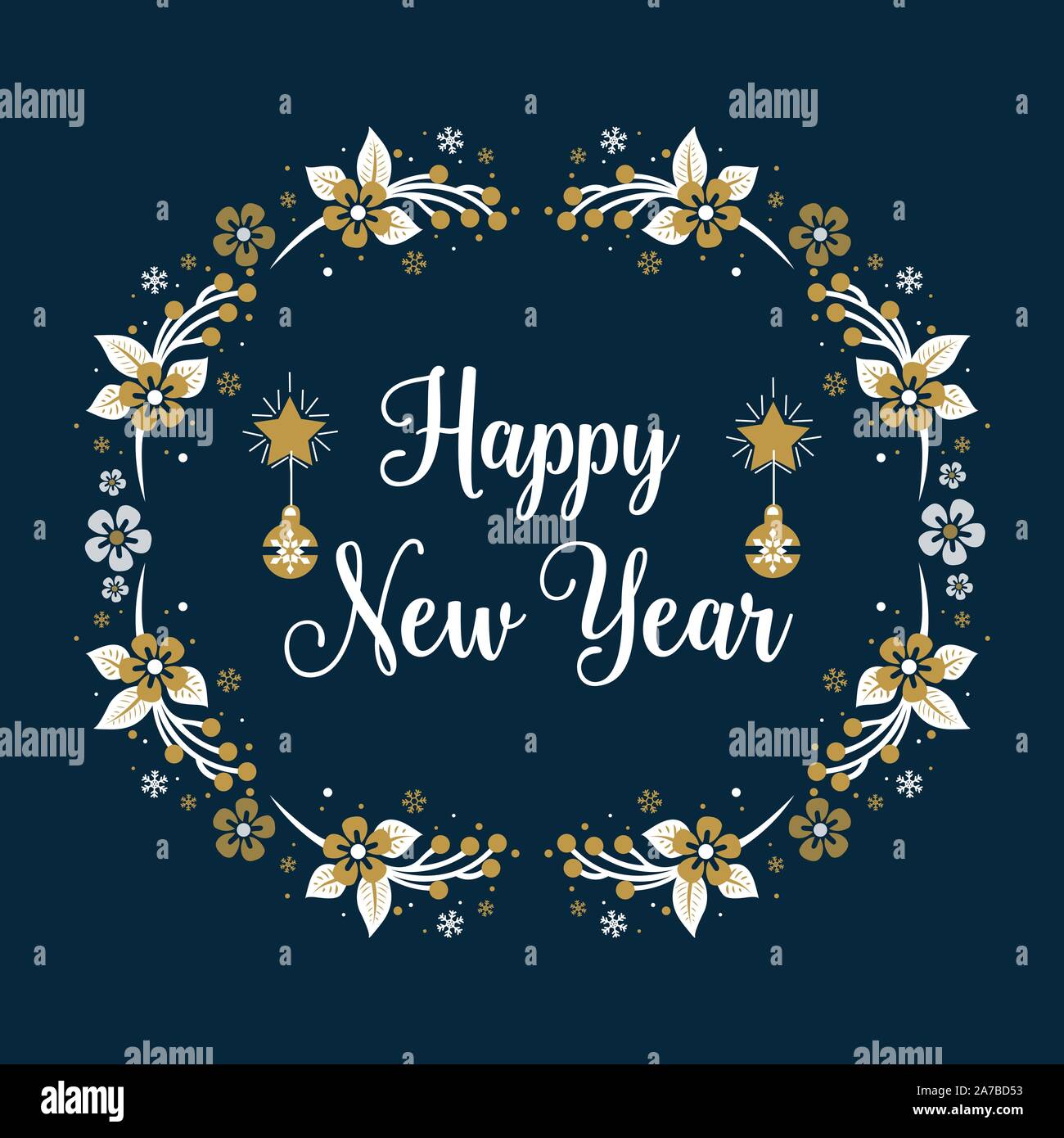 Beautiful greeting card happy new year, with elegant leaf wreath frame ...