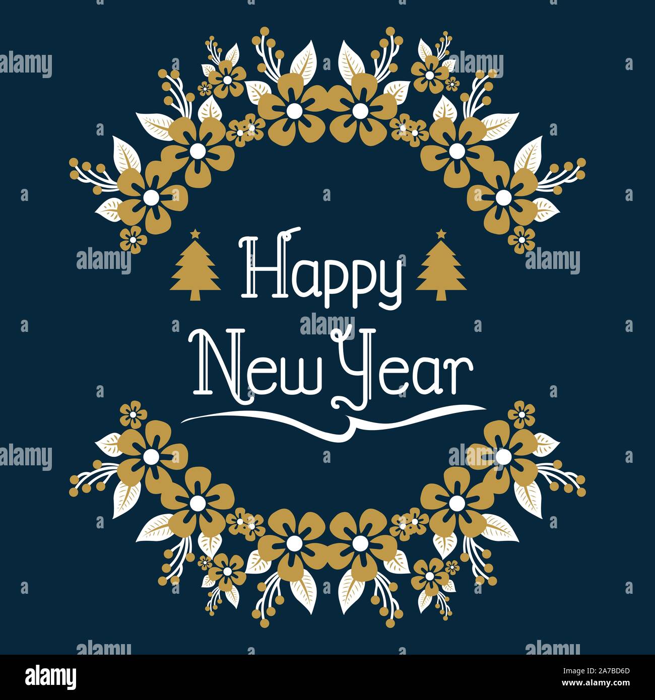 Beautiful greeting card happy new year, with elegant leaf wreath frame ...