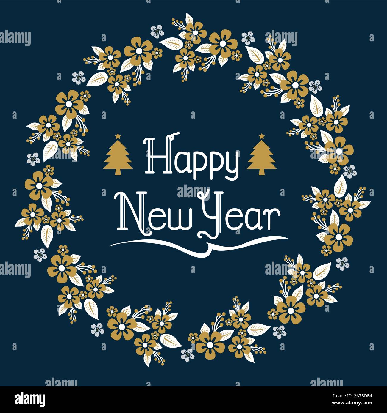 Happy new year card template with beauty drawing of flower frame ...