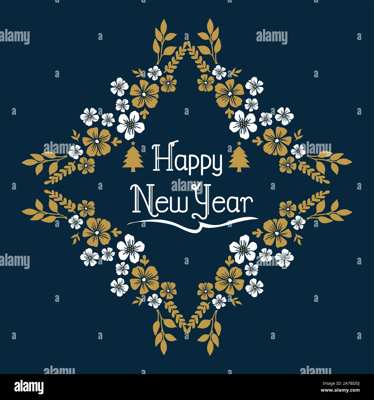 Banner lettering happy new year with style decor of leaf flower frame ...