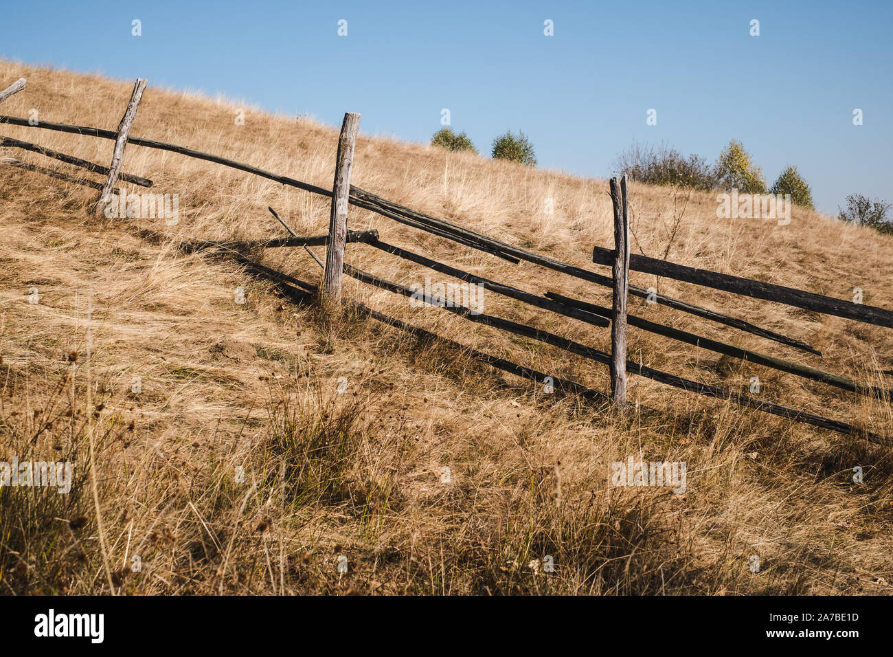 old wooden fence damaged in the wild, Fantanele village area, Sibiu ...