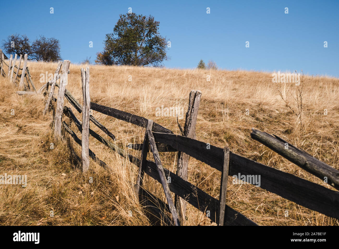 old wooden fence damaged in the wild, Fantanele village area, Sibiu ...
