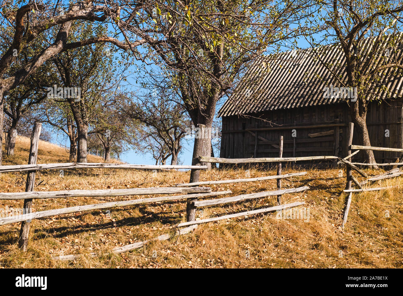 old wooden fence damaged in the wild, Fantanele village area, Sibiu ...