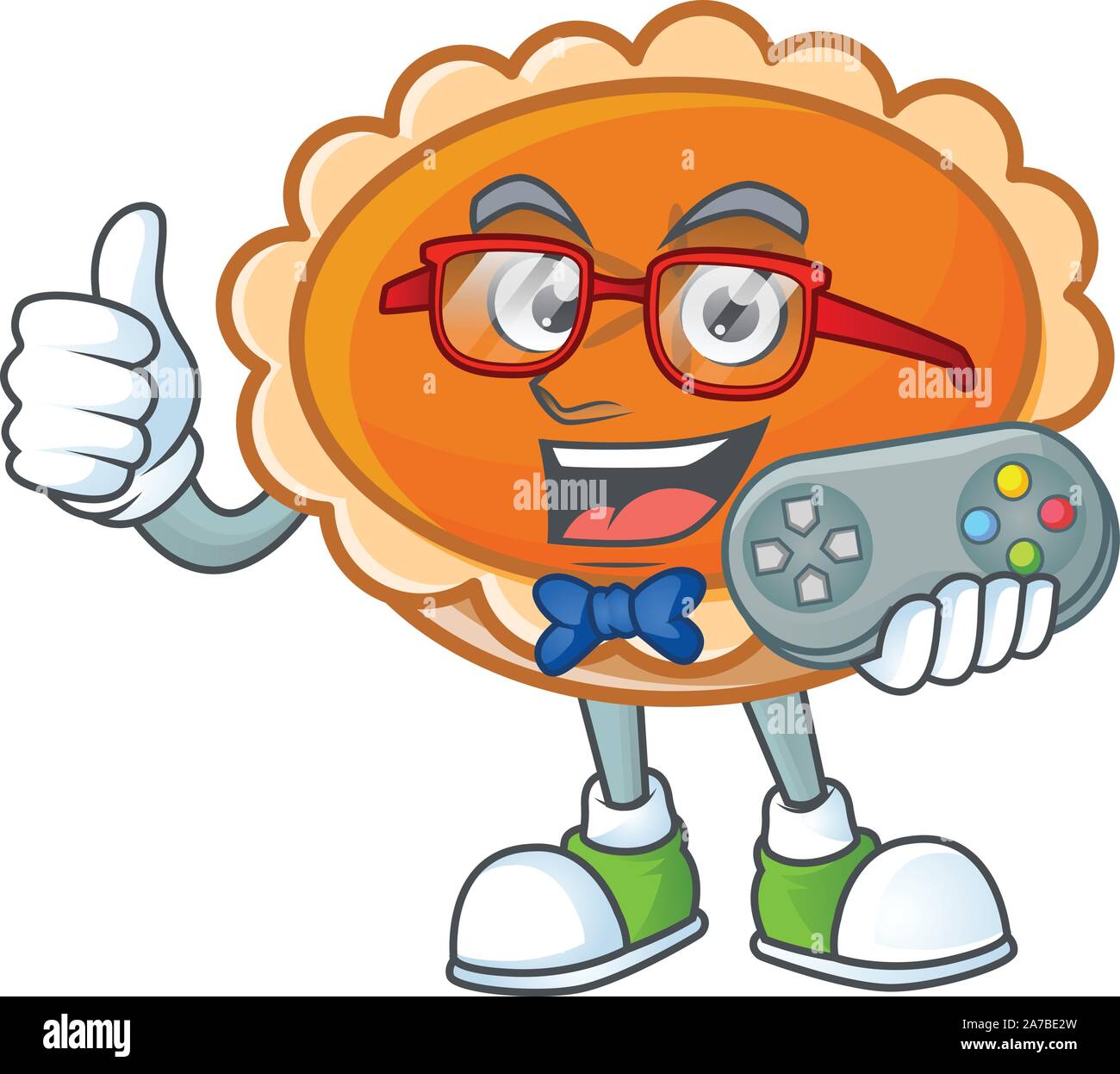 orange pie with holding gamer character on white background Stock ...