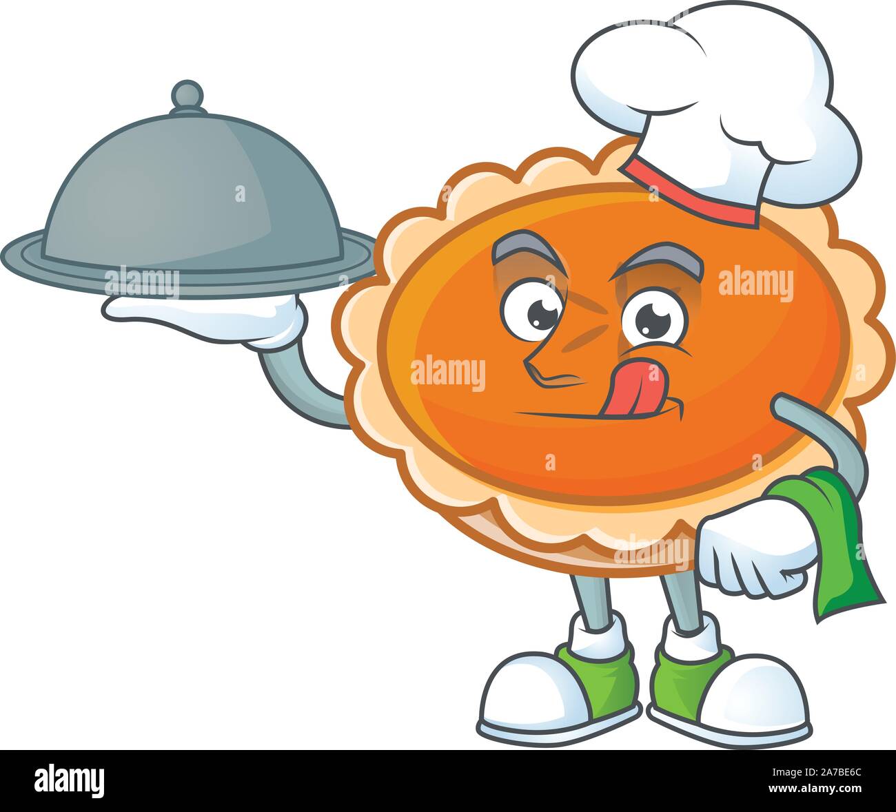 orange pie with chef holding food character on white background Stock ...