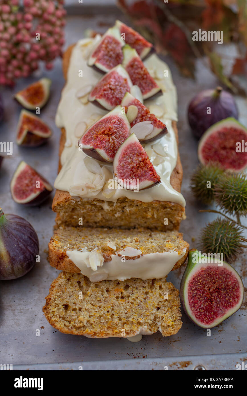 Almond pumpkin with chocolate frosting and figs Stock Photo - Alamy