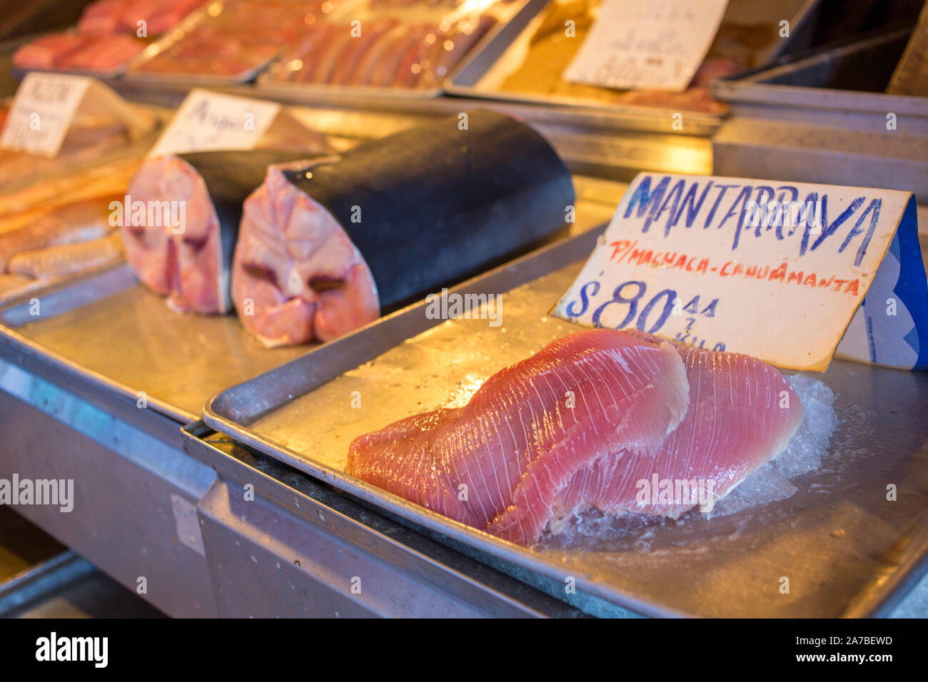 Manta ray, Manta birostris, meat for sale in Ensenada, Mexico. Mantas ...