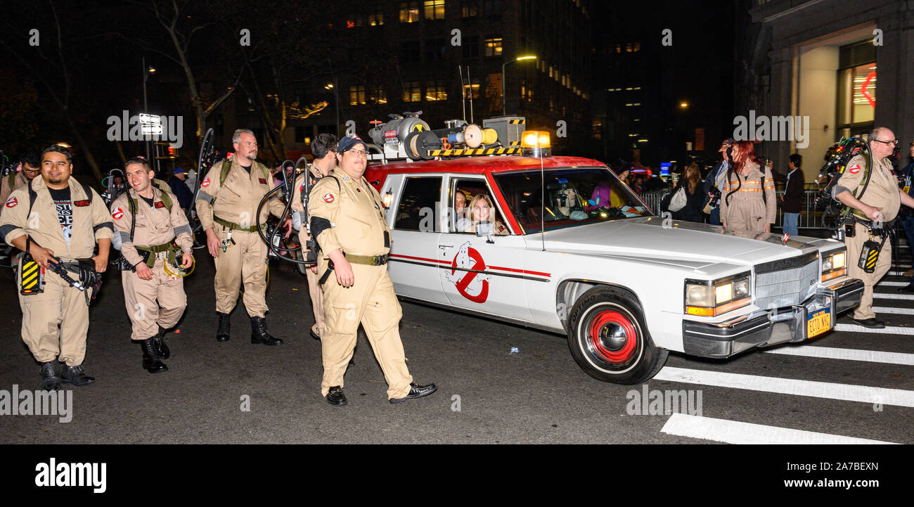 New York, USA, 31 October 2019. Revelers wearing Ghostbusters costumes ...