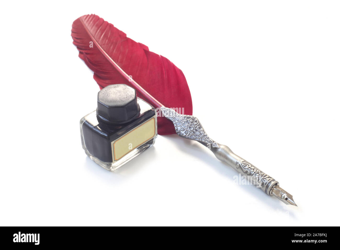 A Red Quill With An Ink Well Isolated On White Stock Photo - Alamy
