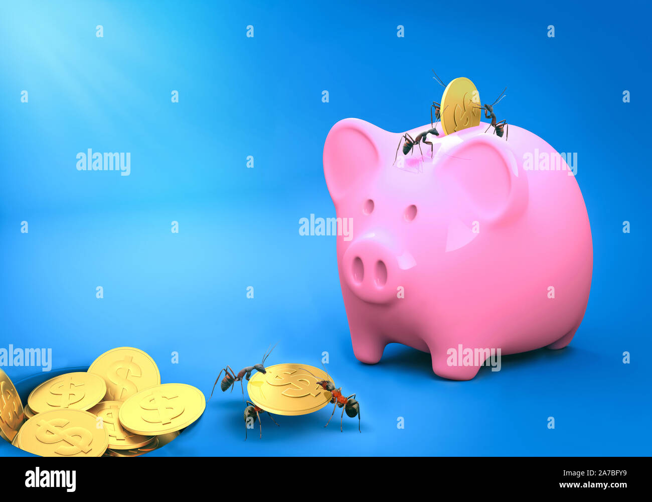 Ants transferring dollar coins in a piggy bank. Money remittance ...