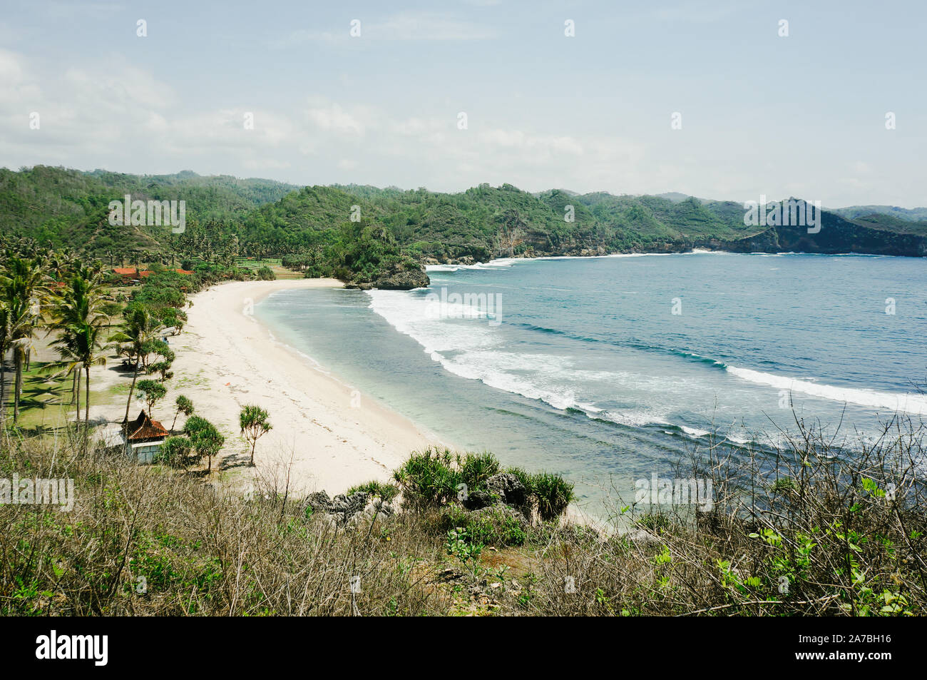 Top view of Srau beach Pacitan, Indonesia with karst hill and Indian ...