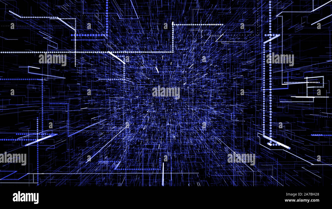 Blue abstract virtual space. flying through digital data tunnel. Data ...