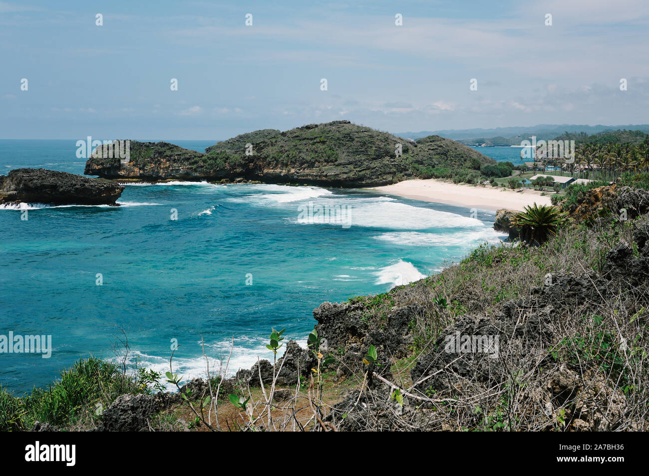 Top view of Srau beach Pacitan, Indonesia with karst hill and Indian ...
