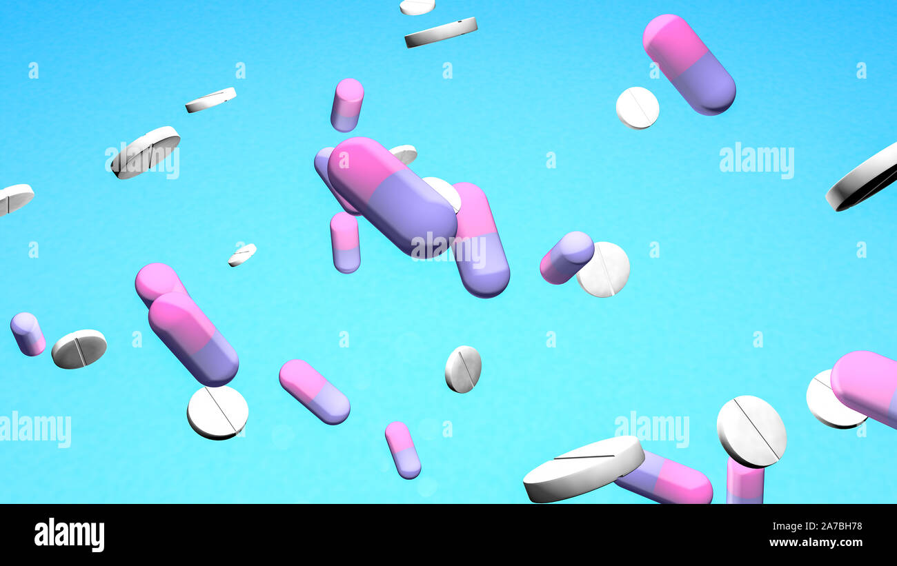 3D rendered different type of flying pink and purple pills on a blue ...