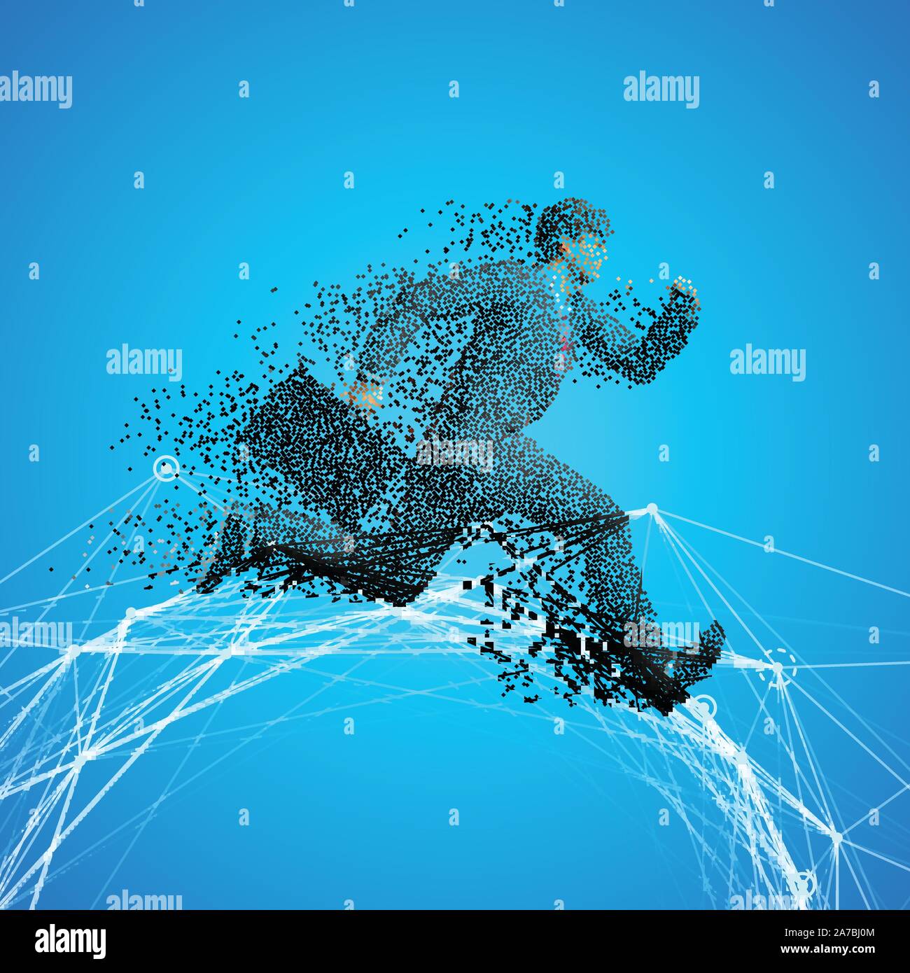 Running businessman with case made of scattered balls. Triangles and ...