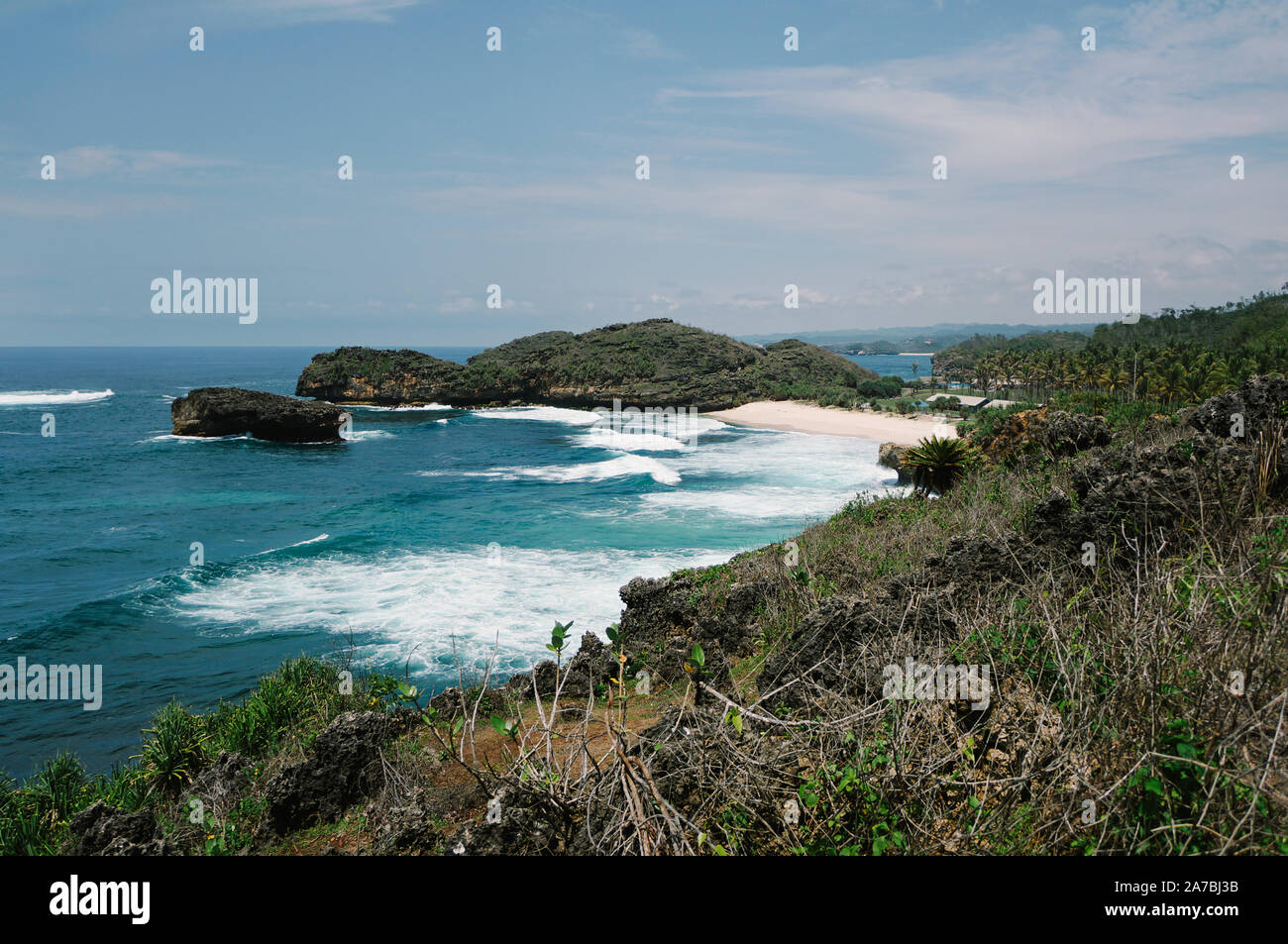 Top view of Srau beach Pacitan, Indonesia with karst hill and Indian ...