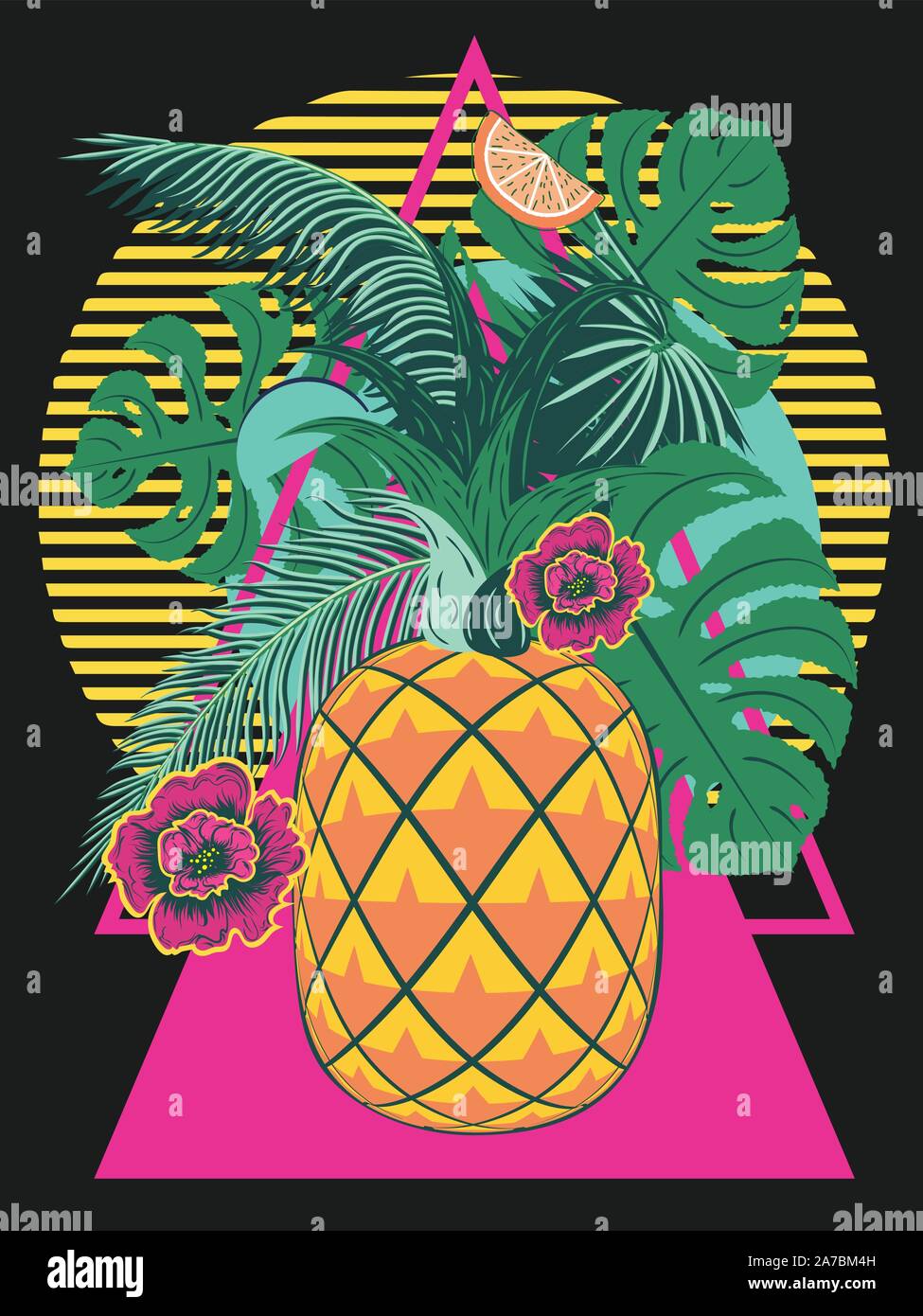 Geometric yellow orange pineapple with tropical leaves and fruits ...