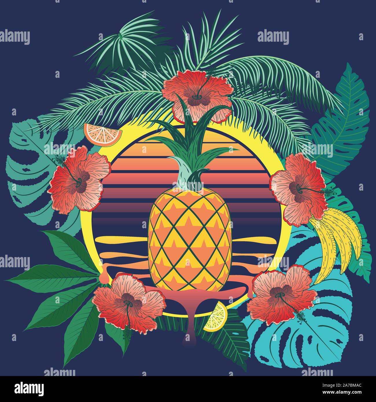 Geometric yellow orange pineapple with tropical leaves and fruits ...