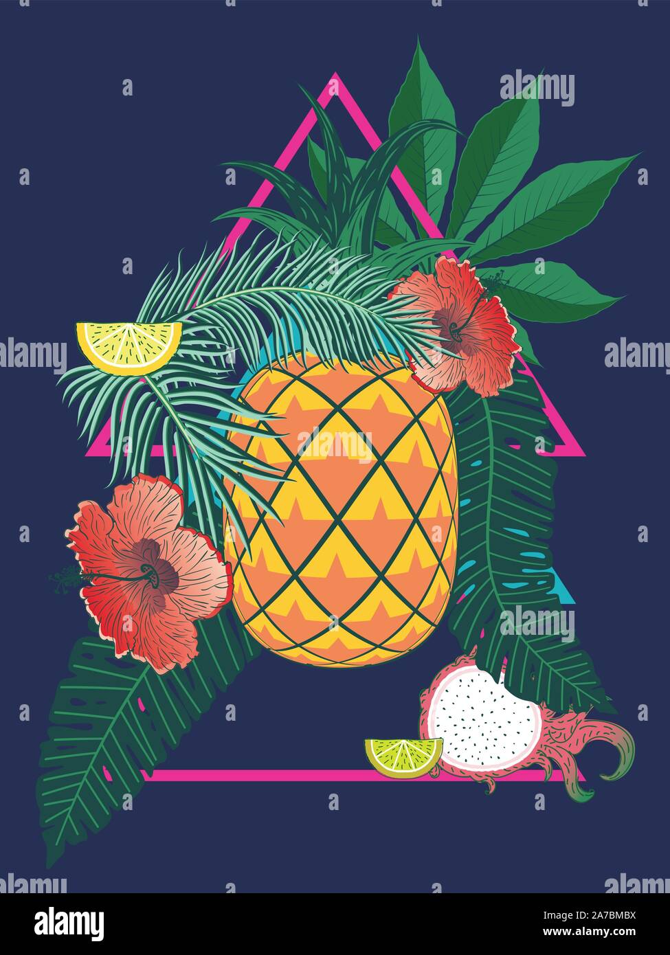 Geometric yellow orange pineapple with tropical leaves and fruits ...