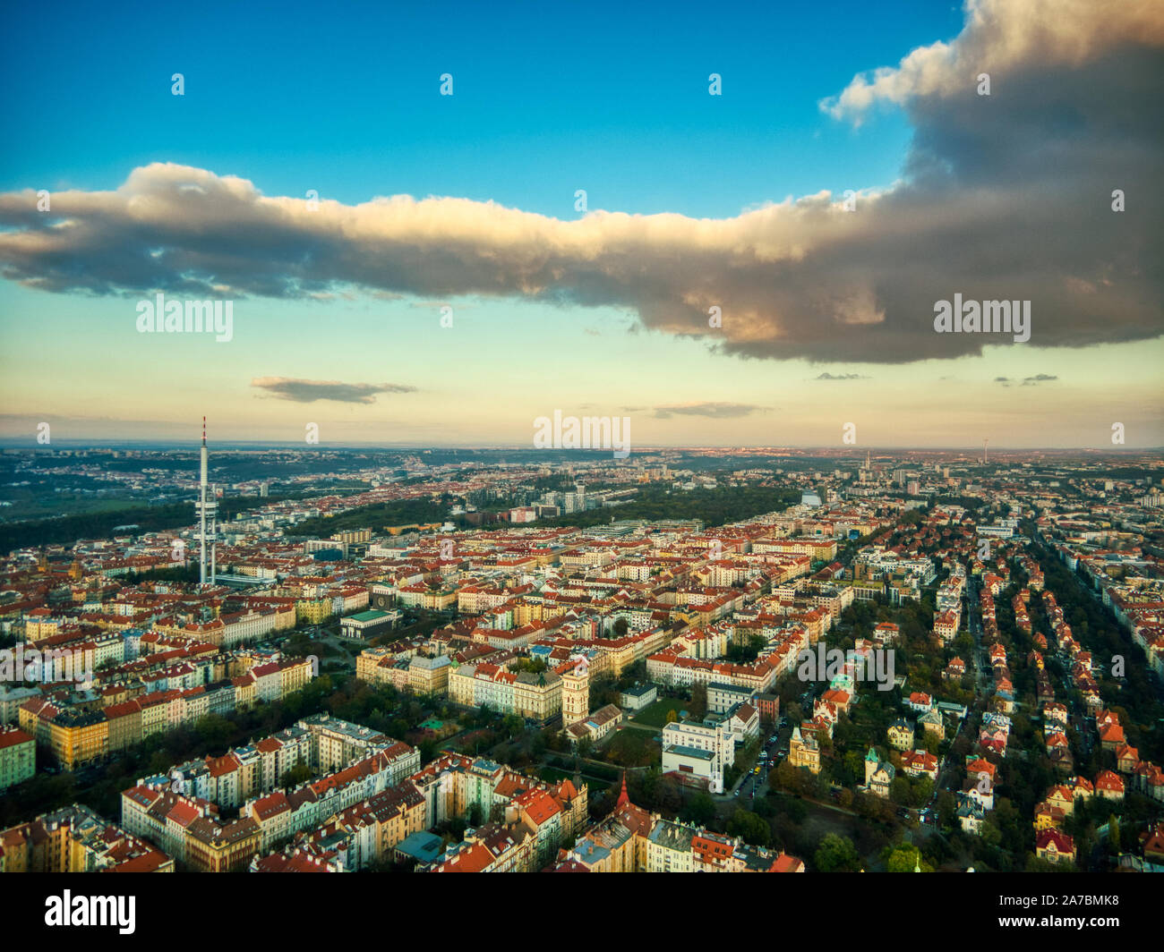 aerial view around Prague's tv tower at autumn morning with clouds and ...