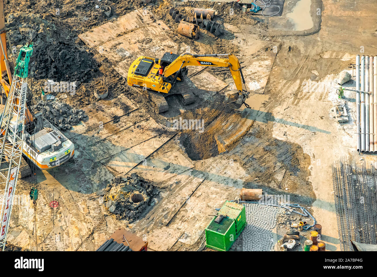 Aerial view of concrete bored pile foundation work on a construction ...