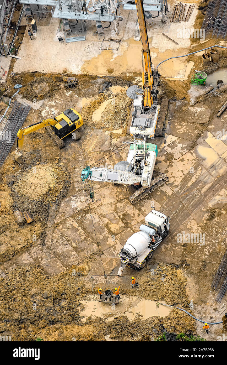 Aerial view of concrete bored pile foundation work on a construction ...