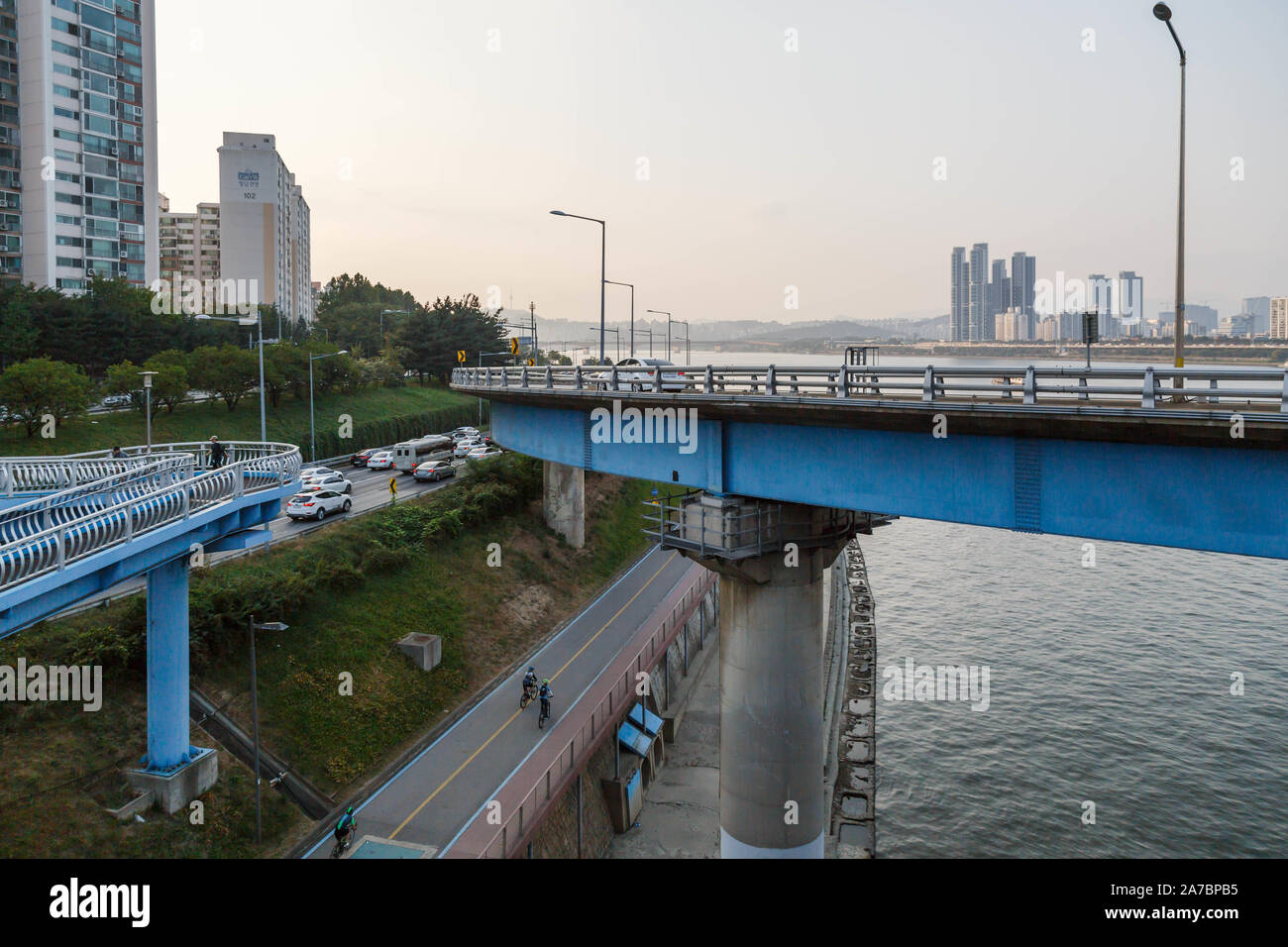 The urban road system in Seoul, South Korea, the highway, bike trail ...