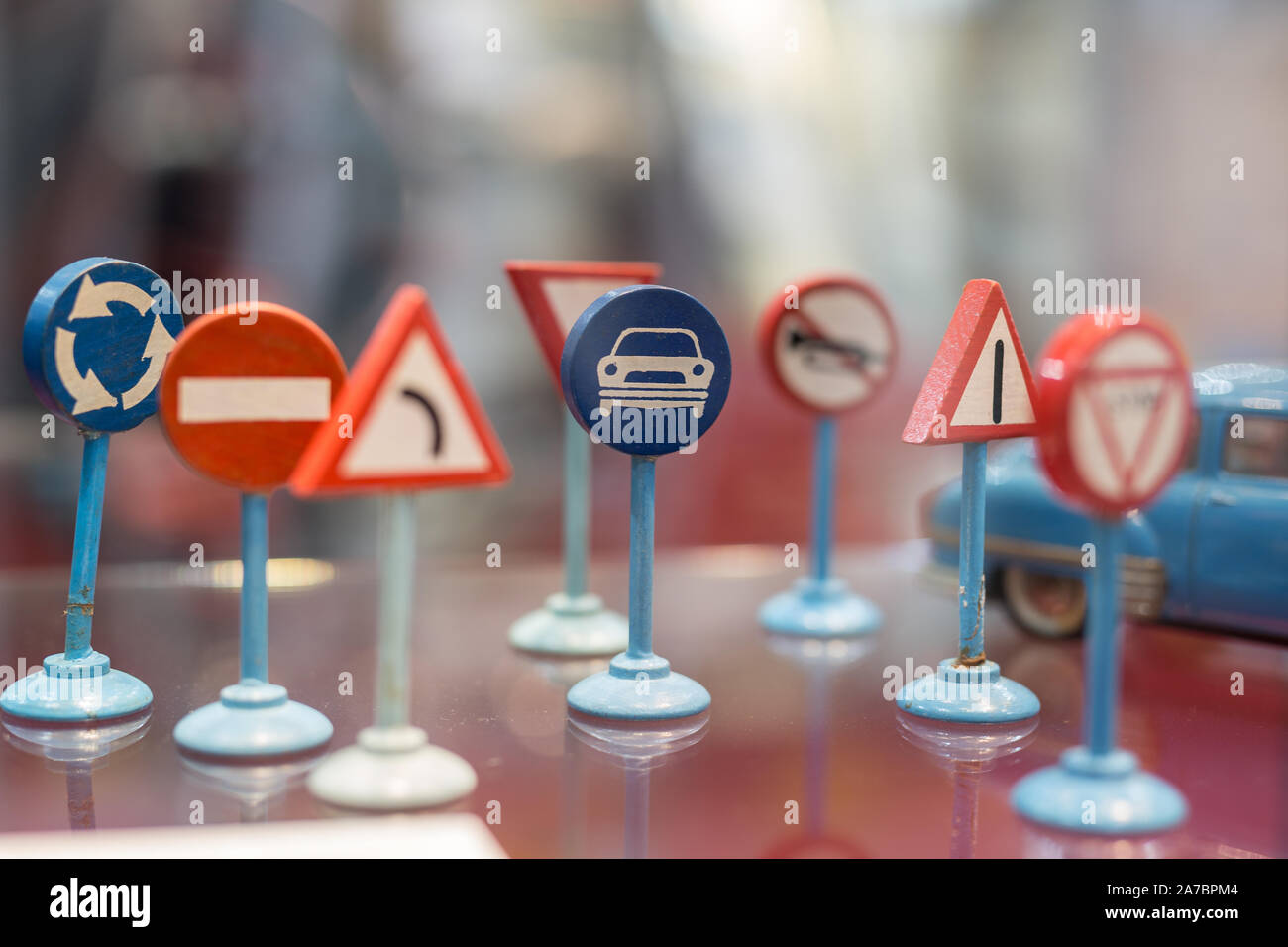 Group of Miniature Wooden Road Signs: Automobiles and Cars Theme Stock ...