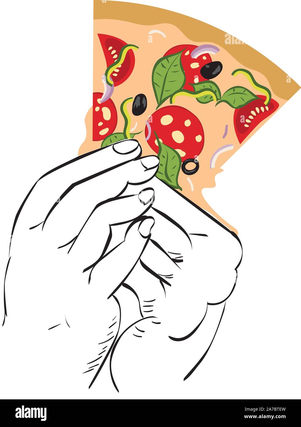 Cartoon delicious tasty pizza and human hands, food illustration Stock ...