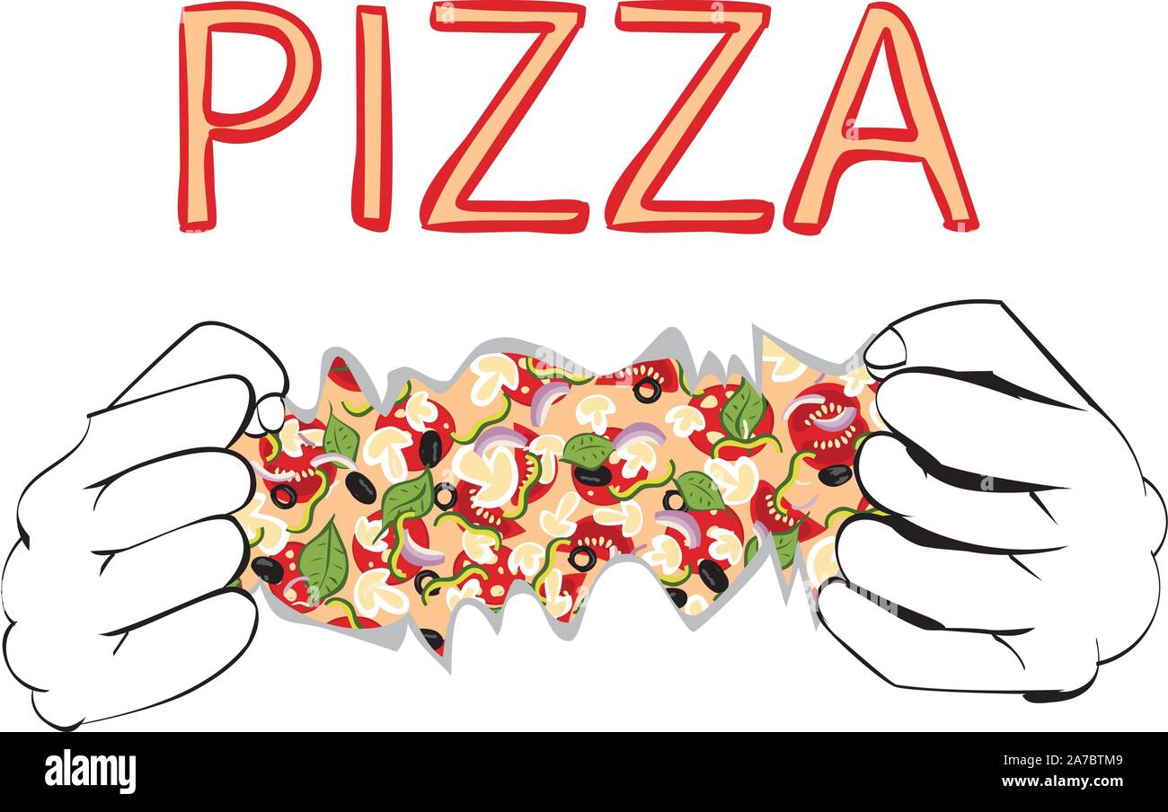 Cartoon delicious tasty pizza and human hands, food illustration Stock ...