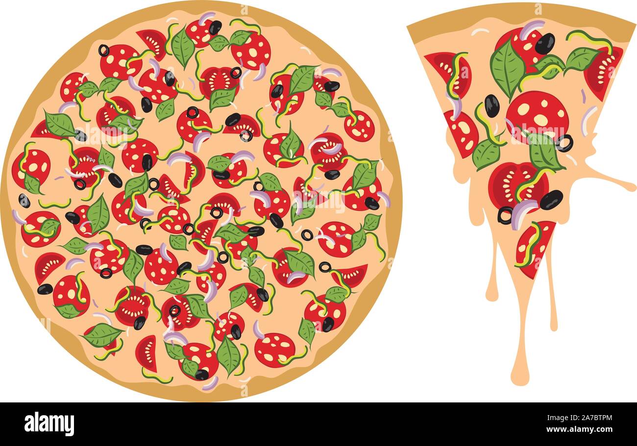 Cartoon delicious tasty pizza with vegetables, food illustration Stock ...