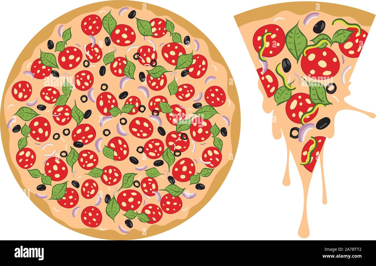 Cartoon delicious tasty pizza with vegetables, food illustration Stock ...