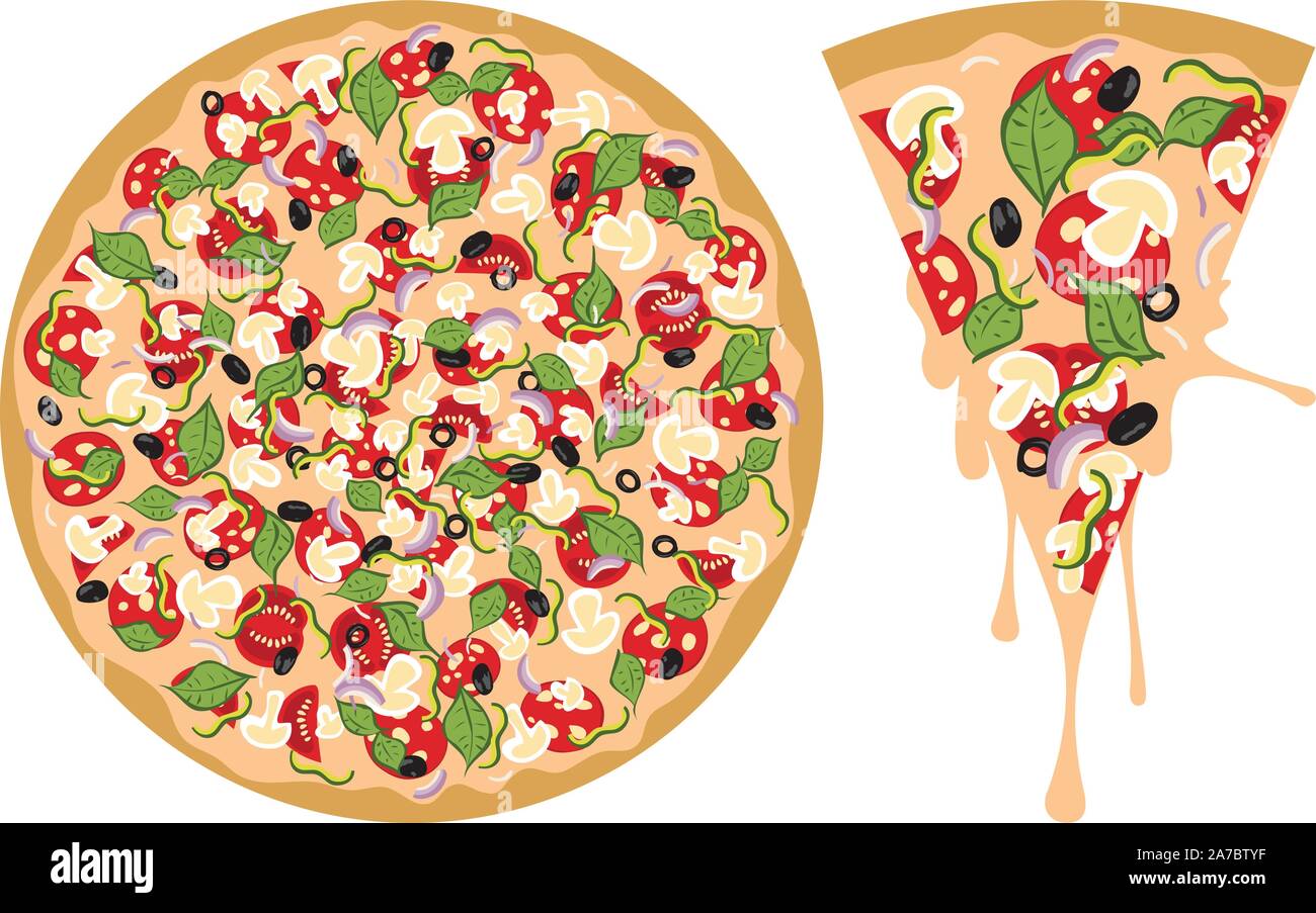 Cartoon delicious tasty pizza with vegetables, food illustration Stock ...